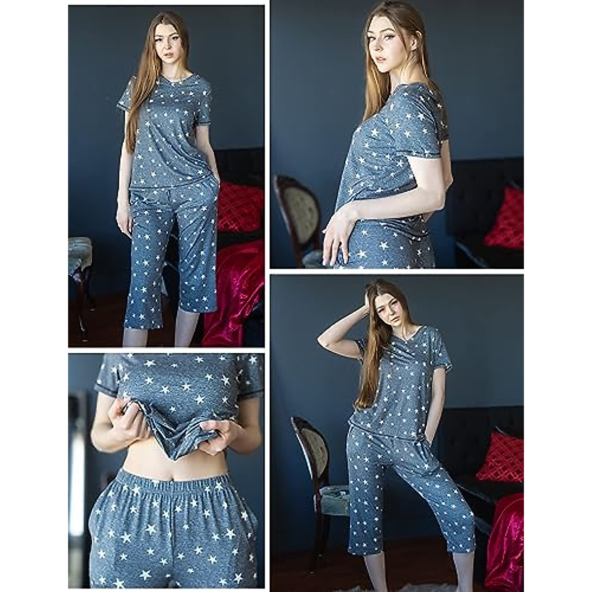 Ekouaer pajamas for women pjs set for women sleepwear capri pajamas set short sleeves womens pajama sets capri pjs