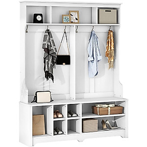Rovibek Hall Tree with Bench and Shoe Storage Coat Rack 60in Entryway Bench Wooden Shoe Rack Storage Cabinet Shelf Entryway Furniture Home Organizer for Living Room Entryway, White