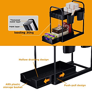 Under Sink Organizers and Storage, 2-Tier Sliding Under Cabinet Bathroom Storage with Hooks, Hanging Cup, Handles, Multi-Purpose Under Sink Organizer for Bathroom Kitchen, Black, 2Pack
