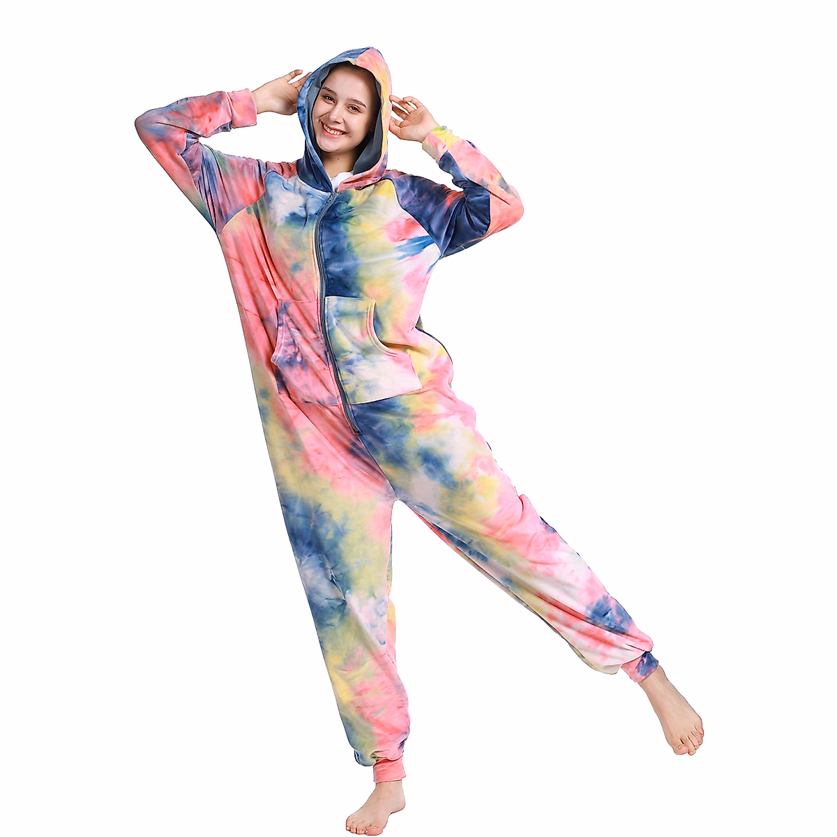 Lifeye Adult Jumpsuit Pajamas Hoodie Homewear Romper Sleepwear Tie Dye Costume for Women Men