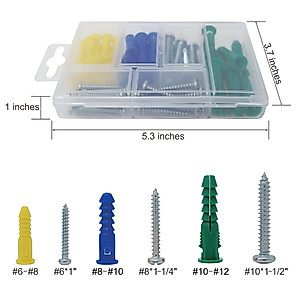 T.K.Excellent Plastic Self Drilling Drywall Ribbed Anchors with Phillips Pan Head Self Tapping Screws Assortment Kit,66 Pieces