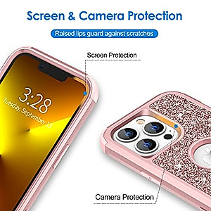 Hython Case for iPhone 13 Pro Max Case Glitter, Cute Shiny Bling Sparkle Cover, Heavy Duty 3 in 1 Hybrid Hard PC Soft TPU Bumper Full Body Shockproof Protective Phone Cases for Women Girls, Rose Gold