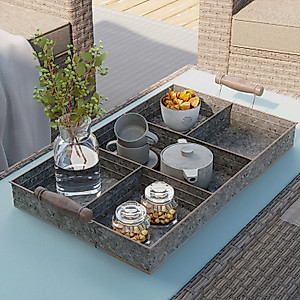 HOMPUS Galvanized Metal Storage Tray with Dividers Rustal Farmhouse Desk Organizer with Handle, Decorative Silverware Drawer Caddy with 5 Compartments for Home, Kitchen, Living Room or Office