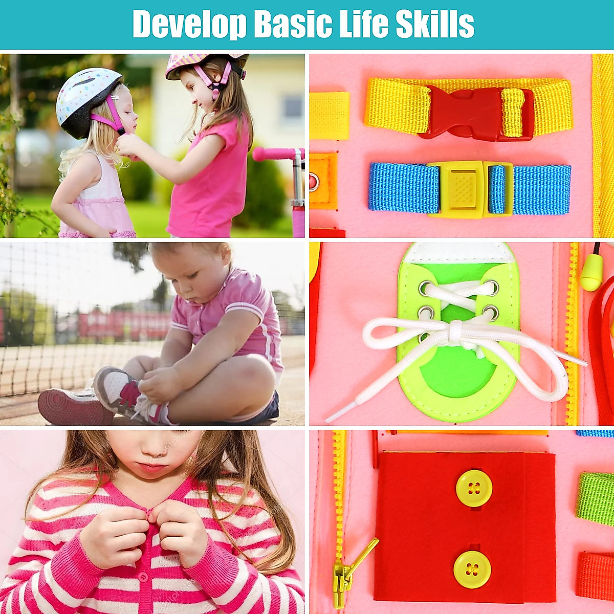 Orlashop Busy Board Montessori Toys for Toddlers Preschool Autistic Travel Educational Toys Learning Basic Dress Skills Sensory Toys for 1 2 3 4 Year Old Boys Girls Birthday Gift for Kids,Pink