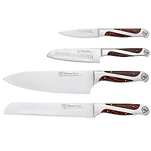Hammer Stahl 4 Piece Knife Set - Chef Essential Kitchen Knives with Bread, Chef, Santoku, and Paring Knives in Padded Foam Box - German High Carbon Stainless Steel