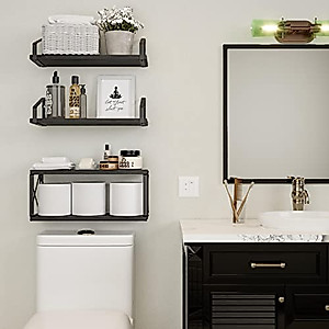 RICHER HOUSE 2-in-1 Floating Shelves Wall Mounted Set of 3, Rustic Wood Bathroom Shelves Over Toilet, Black Shelves for Wall Decor with Paper Storage for Bathroom, Bedroom, Kitchen - Black
