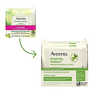 Aveeno Positively Radiant Oil-Free Makeup Removing Face Wipes to Help Even Skin Tone and Texture with Moisture-Rich Soy Extract, Gentle Facial Cleansing Wipes, Twin Pack, 2 x 25 ct.