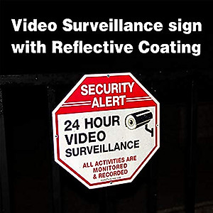 Video Surveillance Signs, Security Signs,Octagon 12 x12 Inches 40Mil Thick Aluminum Reflective sign for Home Business CCTV Security Camera, UV Protected & Waterproof, 4 pack