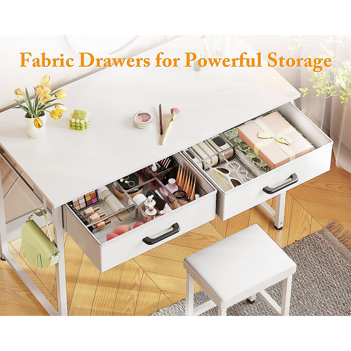 AODK Vanity Desk with 2 Fabric Drawers, 32 Inch Makeup Vanity Without Mirror, Small White Vanity Desk for Bedroom, Makeup Vanity Table with Chair, Kids Girls Vanity Set, White