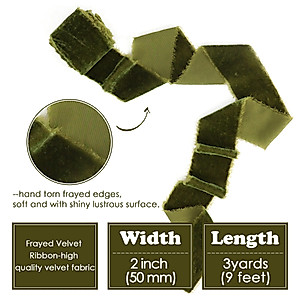 HUIHUANG Olive Green Velvet Ribbon 2 inch Handmade Fringe Frayed Silk Velvet Ribbon for Flower Bouquet, Gift Wrapping, Invitations, Holiday Christmas Decor, Wedding Bridal Shower Decor-3 Yards