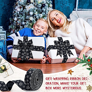 2 Rolls/ 20 Yards Christmas Velvet Wired Ribbons with Snowflake Pattern 2.5'' Wide Xmas Craft Ribbons Gift Wrapping Ribbon for Christmas Tree Wreath Decoration DIY Bows Supplies (Black)