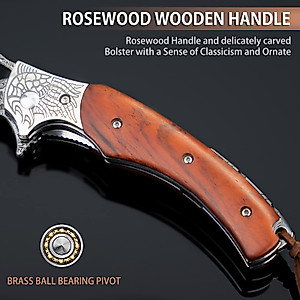 LOTHAR Damascus Pocket Knife for Men, 8.03" VG10 Folding Knife with Retro Leather Sheath,Sandalwood Handle, Classical Bolster, Lanyard Hole, EDC Knife Anniversaries, Christmas, elegant gifts for Men (Yellow)