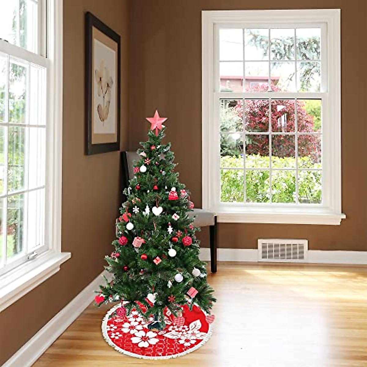 Hapuxt Christmas Tree Skirt 48 Inch Xmas Plush Skirts Decoration White Flower Oriental Traditional Deco Red Merry Christmas Family Party Holiday Indoor Outdoor Home Decor White Tassel Lace