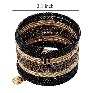 Coiris Multilayer Seed Beads Stretch Bracelets Tiny Beaded Stackable Strand Bangle for Women Girls（BR-1211-Black Gold Ancient Brown）