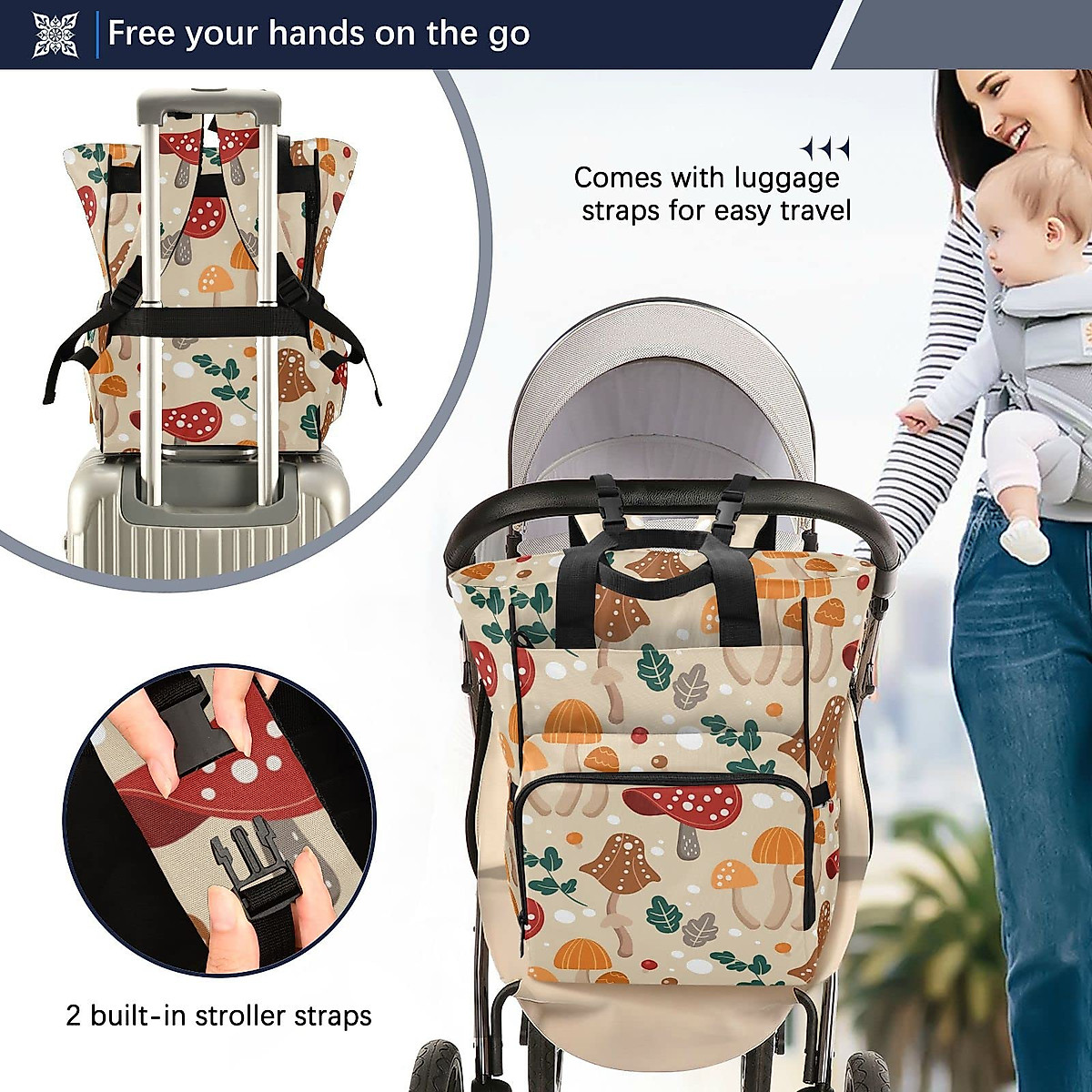 linqin Diaper Bag Backpack, Mushroom Pattern Design Autumn Nature Multifunctional Travel Backpack Maternity Changing Bags, Large Unisex Baby Bag Tote