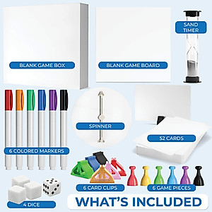 KEFF Make Your Own Board Game Set - DIY Blank Game Board Kit with Game Pieces, Blank Cards, Dice, Spinner, Pawns & More - Fun Family Board Games for Kids & Adults