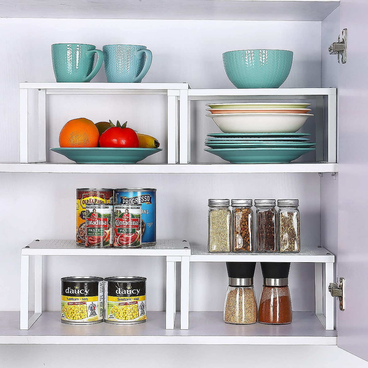 MOOACE Cabinet Shelf Organizers Set of 4, Kitchen Cabinet and Counter Shelves, Kitchen Storage Shelves Expandable Stackable, White