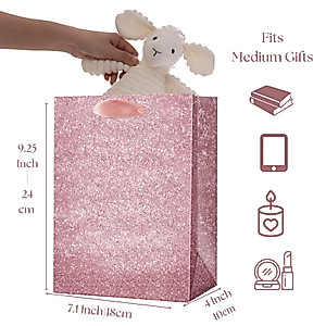 UNIQOOO 12Pcs Embossed Pink Glitter Gift Bags with 24 Tissue Paper Bulk, M 9x7 In, Rose Gold Gift Wrap Bags, Wedding Bridal Favor Bag Gift Packaging, For Christmas, Baby Shower Birthday Holiday Party