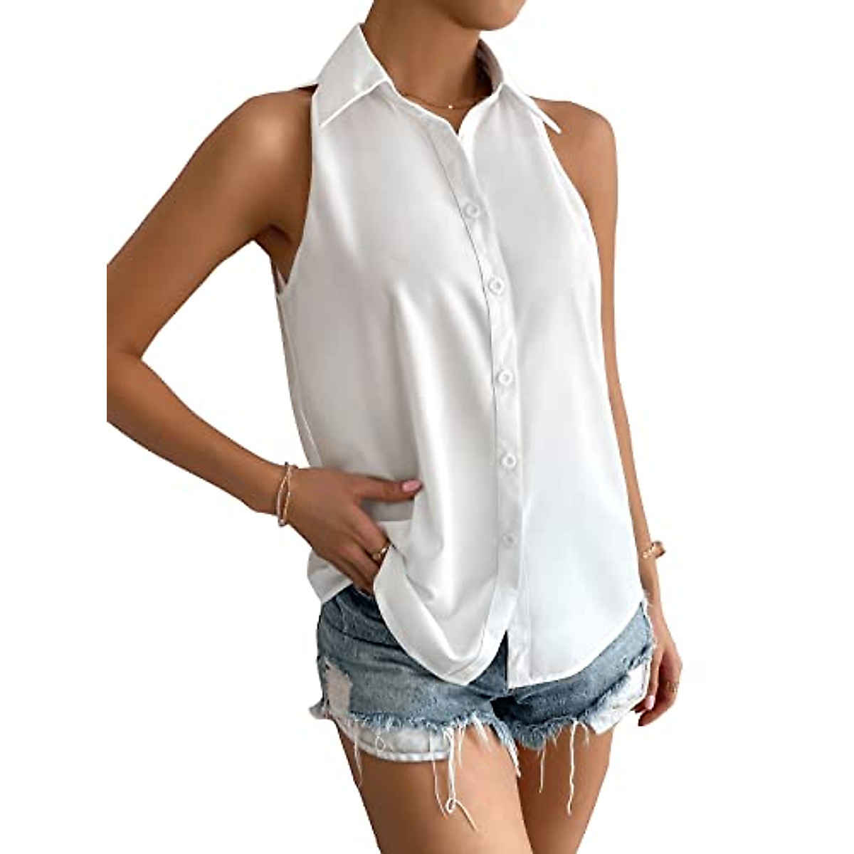 Verdusa Women's Casual Sleeveless Collar Button Down Shirt Blouse Top White S