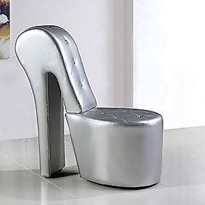 Best Master Furniture High Heel Faux Leather Shoe Chair with Crystal Studs, Silver