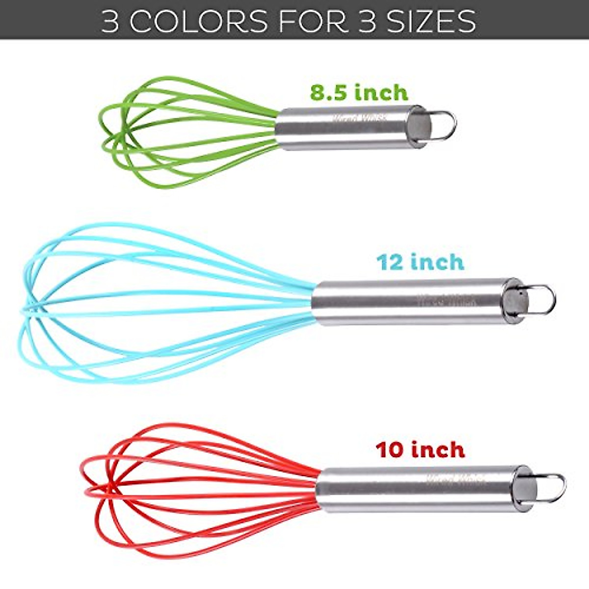 Silicone Whisk Set of 3 - Stainless Steel & Silicone Non-Stick Coating – Colored Balloon Egg Beater for Blending, Whisking, Beating, Frothing & Stirring (12-inch, 10-inch & 8.5-inch)