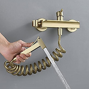 MINJING Wall Mounted Bidet Sprayer Kit for Toilet Brushed Gold Hand Held Sprayer Toilet Attachment Multifunction Single Handle Bathroom Toilet Bidet Mixer Spray Kit,Shower Hose