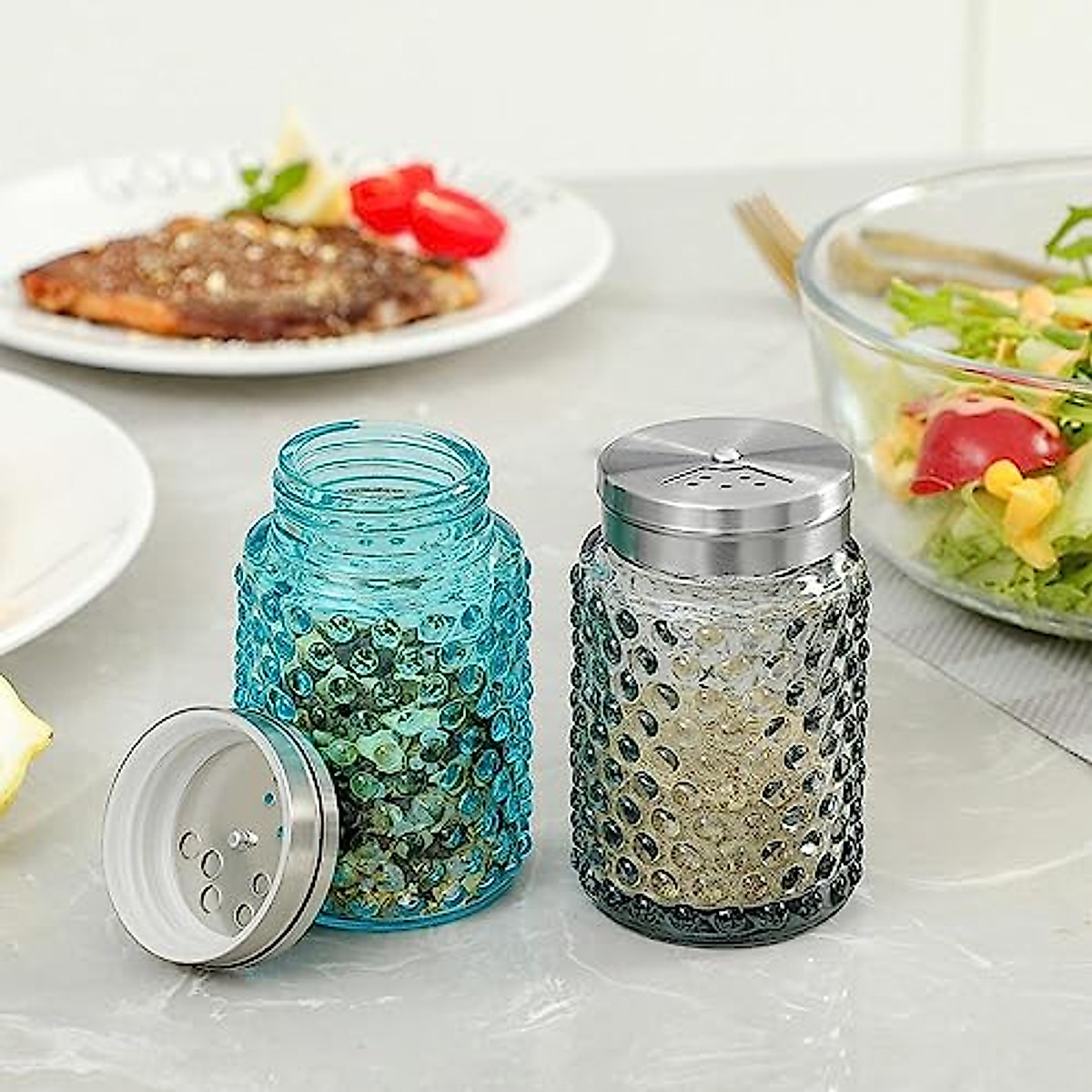 Sizikato Glass Salt and Pepper Shakers Set, Beaded Surface