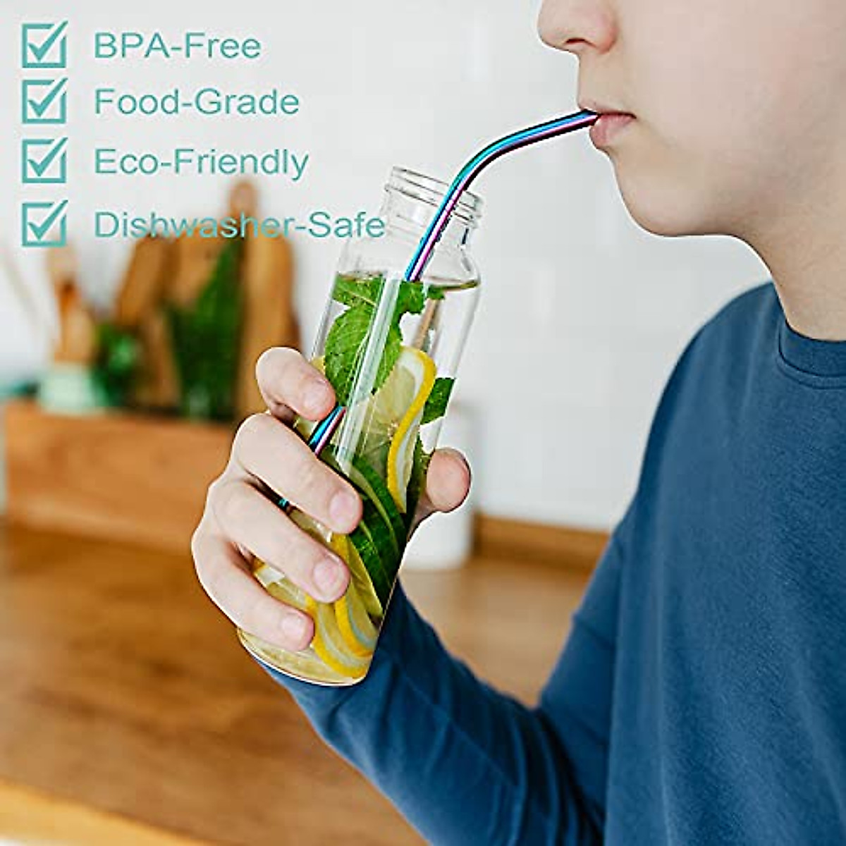 Kitiok 16-Pack Colorful Reusable Metal Long Drinking Straws Stainless Steel Dishwasher Safe With Silicone Tip Case Clearner Brush,Rainbow