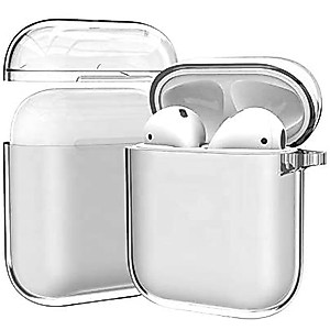 AirPod Protective Case, Crystal Clear Hard-Shell Silicone Protective Case, Compatible with Apple AirPod 1 & 2, with Carabiner / Keychain Hook, Visible Front LED, Allows for Wireless Charging