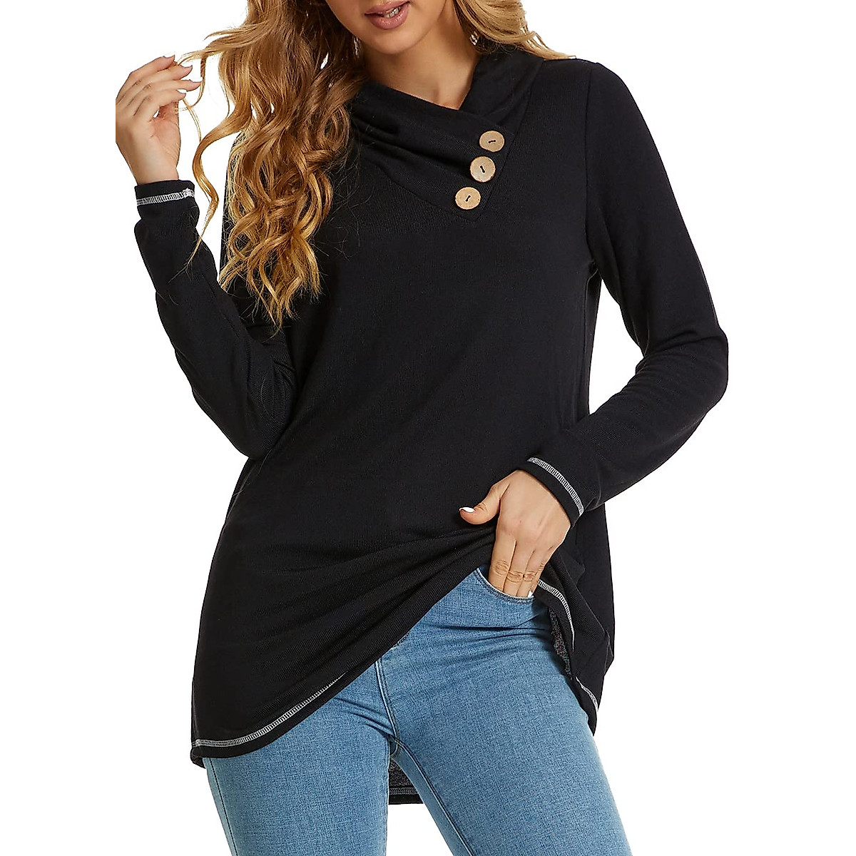 WEIYAN Women's Cowl Neck Tunic Long Sleeve Pullover Shirt Casual Sweatshirt Loose Tops with Buttons(Black,X-Large)