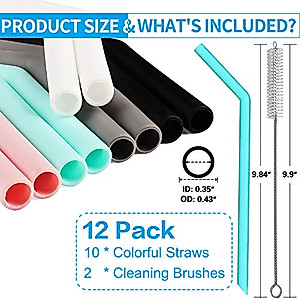 Set of 10 Large Reusable Silicone Straws Pink Thick Smoothie Silicone Drinking Straws Kids with Cleaning Brushes- Extra Long Flexible -For 20oz 30oz and 40oz Yeti Tumblers BPA Free Non Rubber Taste