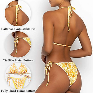 Women's Two Piece Bikini Swimsuit Set Floral Padded Top Tie Side Triangle Thong Bathing Suit Yellow