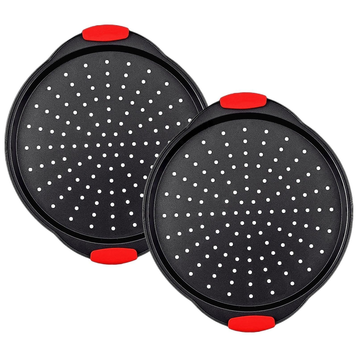 ZOEHROWS Pizza Pan for Oven (2 Pack) Round Pizza Pan with Holes - Non-Stick Carbon Steel Pizza Tray with Silicone Handles - for Cooking, Baking, and Grilling - Dishwasher Safe