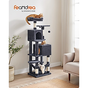 Feandrea Cat Tree, 61-Inch Cat Tower for Indoor Cats, Plush Multi-Level Cat Condo with 5 Scratching Posts, 2 Perches, 2 Caves, Hammock, 2 Pompoms, Smoky Gray UPCT192G01