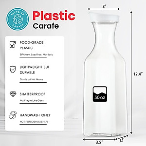 NETANY 50 Oz Water Carafe with Flip Top Lid, Set of 2 Square Base Juice Containers, Clear Plastic Pitcher - for Water, Iced Tea, Juice, Beverage, Milk, Cold Brew and Mimosa Bar - HAND WASH ONLY