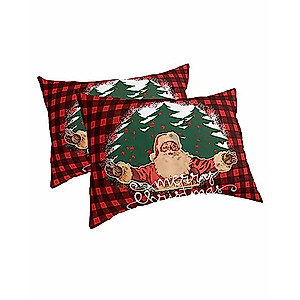 Standard Size Pillowcases Merry Christmas Pillow Case Set of 2, Soft Throw Pillow Covers with Envelope Closure Decorative Bed Pillow Shams for Bedroom Sofa Couch Santa Claus Xmas Tree Red Plaid