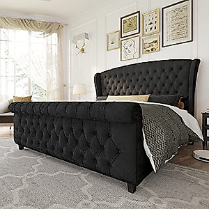 AMERLIFE King Size Platform Bed Frame, Velvet Upholstered Sleigh Bed with Scroll Wingback Headboard & Footboard/Button Tufted/No Box Spring Required/Black