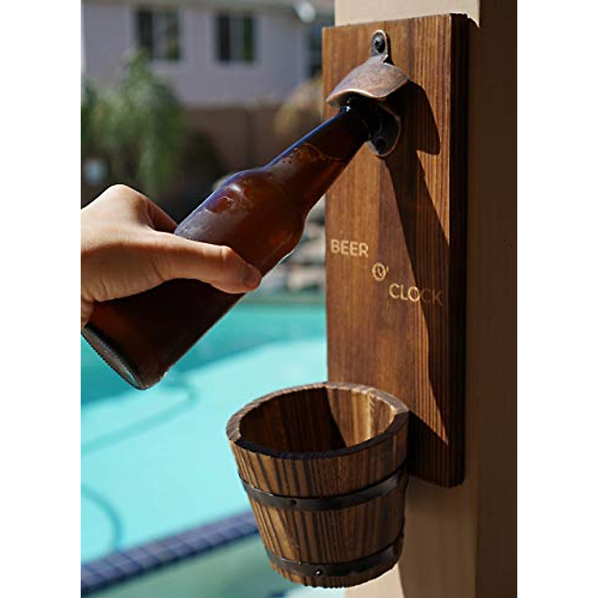 Thirsty Solutions - “Beer O’ Clock” Rustic Wall Mounted Bottle Opener and Catcher - Dark Stain Pine with Zinc Alloy Opener - Removable Wooden Bucket - Man (or Woman) Cave Ready