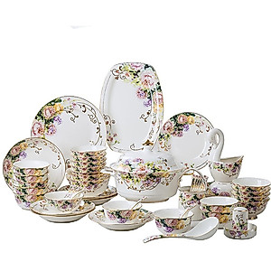 Porcelain Dinner Set Luxury Ceramic Dinnerware Set, Phnom Penh Plates and Bowl Dishes Set, Flowers Underglaze Dinner Sets for Family Party, Service for 6-8