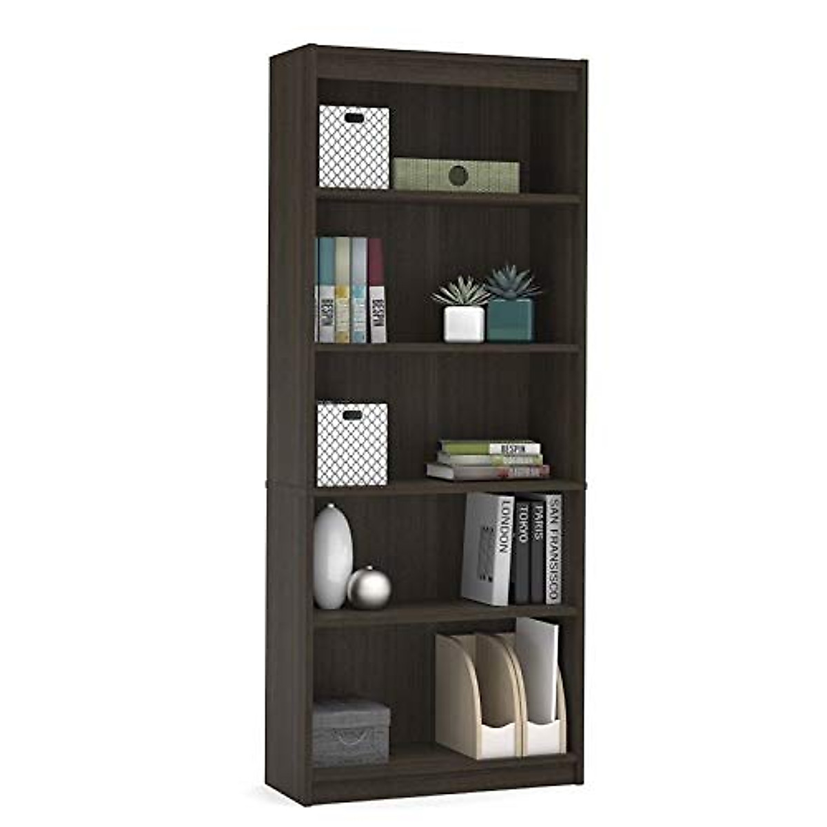 Bestar Ridgeley Executive Computer Desk with Hutch, a lateral File Cabinet, and a Bookcase, Dark Chocolate