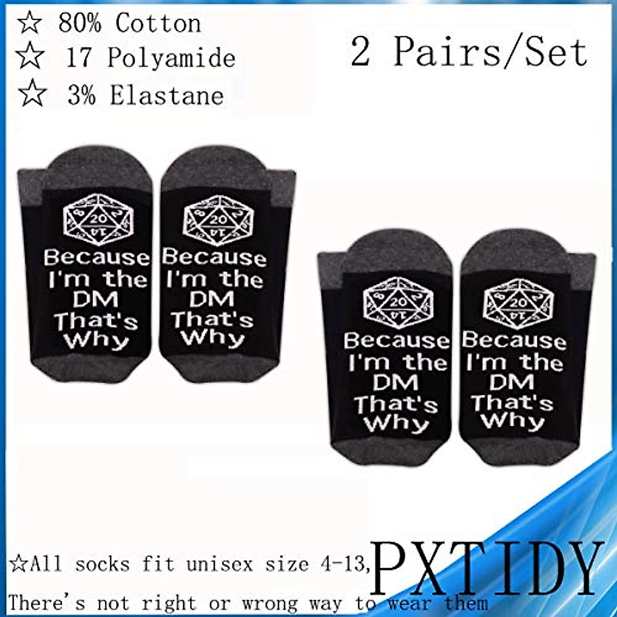 PXTIDY 2 PAIRS RPG Gaming Socks Dungeons Gift Because I'm the DM That's Why Socks D20 Dungeon Dragons Gaming Gift RPG Game Dungeon Master Gift (2pairs/set)