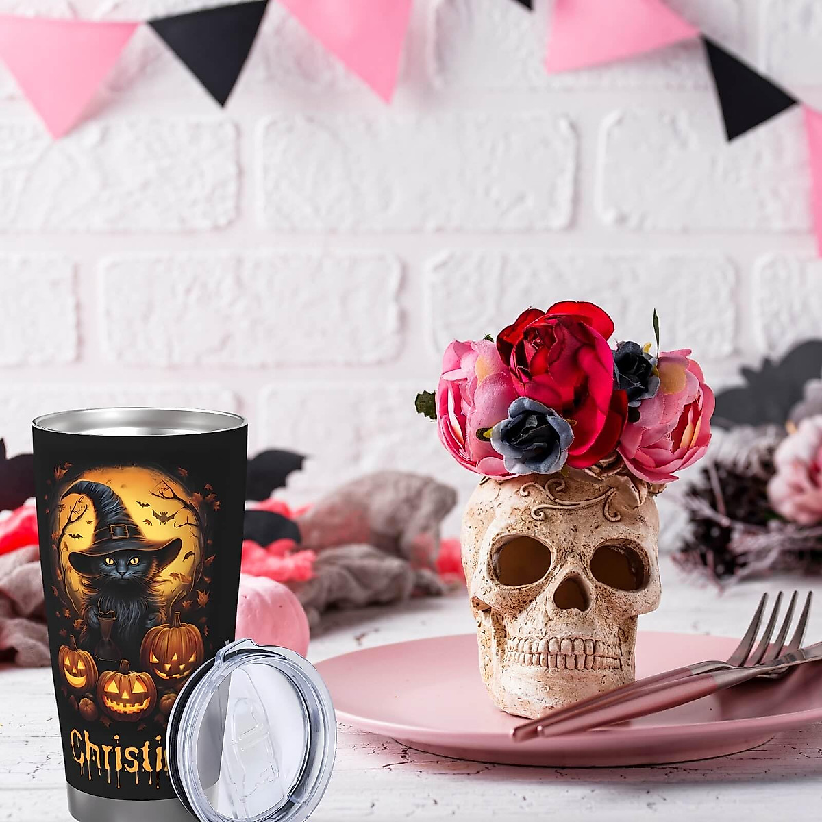 LoGiftFor Personalized Halloween Black-Cat Tumbler - Witch Pumpkin Halloween Gifts For Women Men - Spooky Season Cat Gift For Cat Lovers - Custom Halloween Tumblers Coffee Cup 20oz Lid