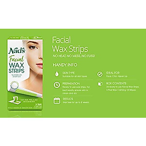 Nad's Facial Wax Strips - Facial Hair Removal for Women - Waxing Kit With 48 Face Wax Strips + 8 Calming Oil Wipes + Skin Protection Powder