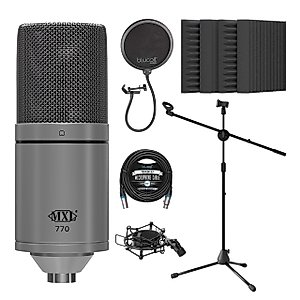 blucoil MXL 770 Cardioid Condenser Microphone (Silver) Bundle 20-FT Balanced XLR Cable, Pop Filter Windscreen, Adjustable Mic Stand, and 4-Pack of 12 Acoustic Foam Isolation Panel Wedges