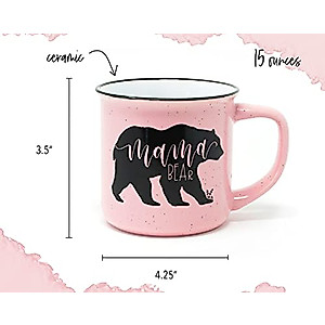 June & Lucy Gifts for Mom - Mama Bear Novelty Coffee Mug 15 oz - Cute Camping Coffee Mom Mugs for Women - Pink Coffee Mug - Hand lettered with Black Lettering - Microwave and Dishwasher Safe.