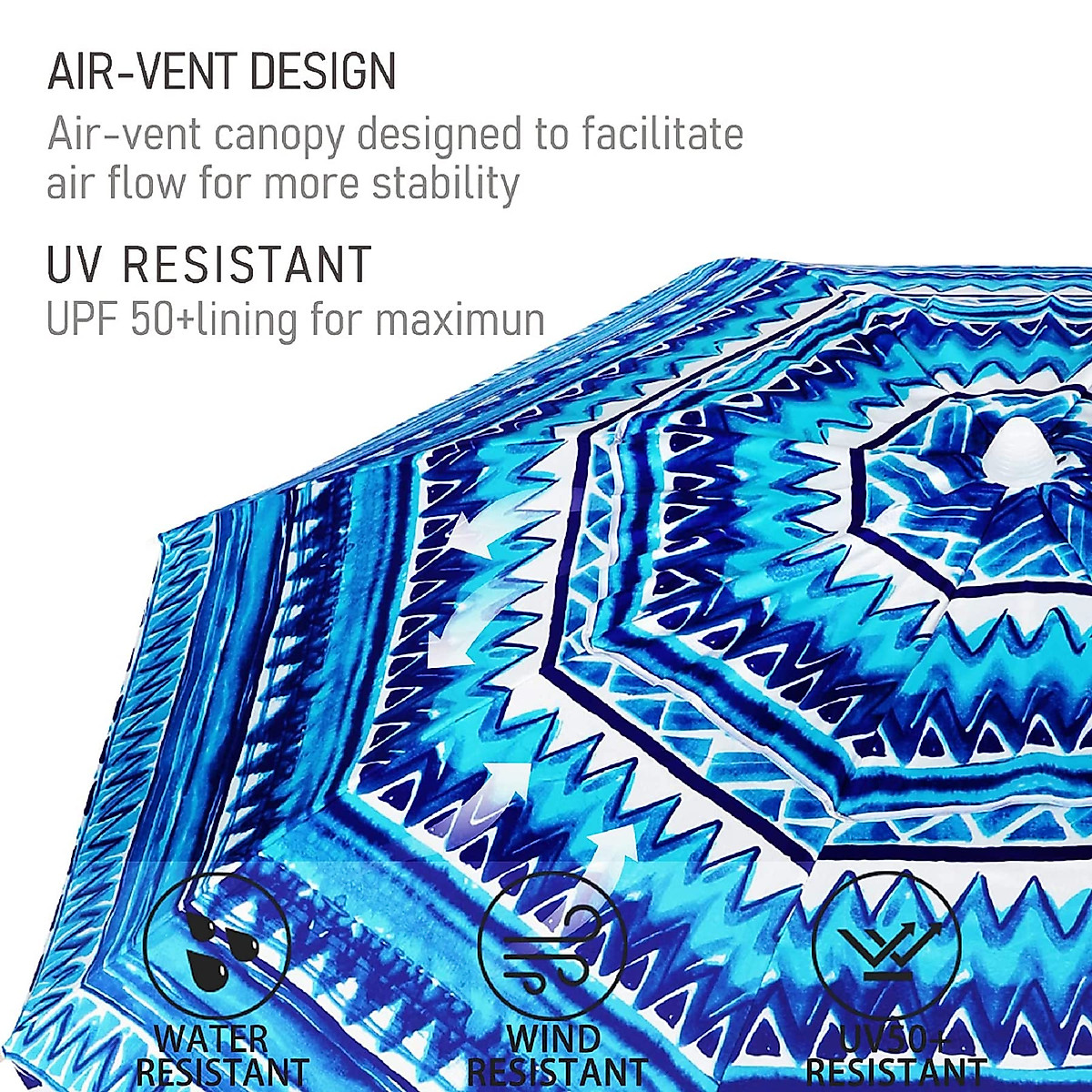 AMMSUN Beach Umbrellas for Sand Heavy Duty Wind Portable, 6.5 ft Beach Umbrella with Sand Anchor & UV Protection, Outdoor Patio Umbrella with Carry Bag for Beach Patio Garden Outdoor, Geometric Blue