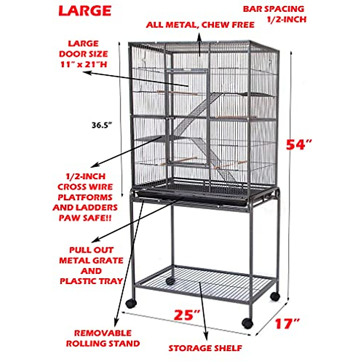 54" Large Wrought Iron 4-Level Tight 1/2-inch Wire Spacing Ferret Chinchilla Sugar Glider Rats Mices Rabbit Squirrel Hamster Cage with Removable Stand (25" L x 17" W x 54" H, Black Vein)