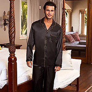 Alexander Del Rossa Men's Button Down Satin Pajama Set with Sleep Mask, Long Silk like Pjs, Champagne 2XL