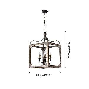 JiuZhuo French Country Rustic 4-Light Square Lantern Farmhouse Chandelier Lighting Hanging Ceiling Fixture Metal and Wood in Antique Gray & Antique Gold