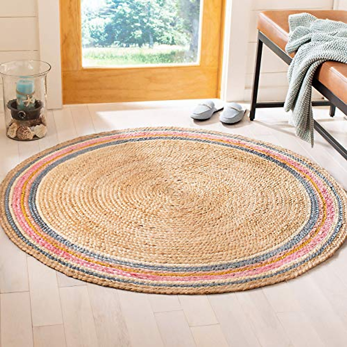 SAFAVIEH Natural Fiber Round Collection 3' Round Fuchsia / Beige NF806R Handmade Boho Charm Braided Jute Area Rug